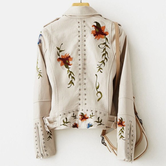 Jackets & Coats | Off White Floral Embroidered Studded Faux Leather ...